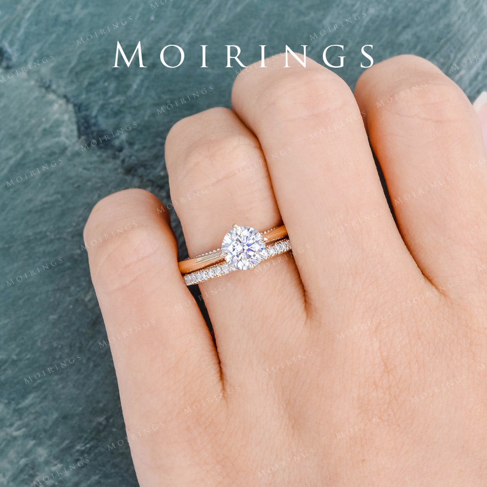 Peekaboo Moissanite Ring Set Yellow Gold 1CT Solitaire Ring Floral ...