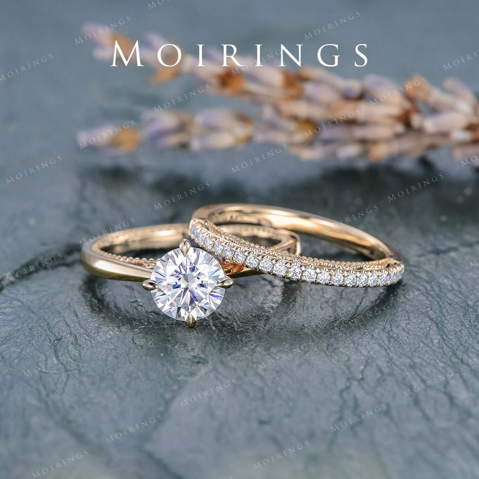 Peekaboo Moissanite Ring Set Yellow Gold 1CT Solitaire Ring Floral ...