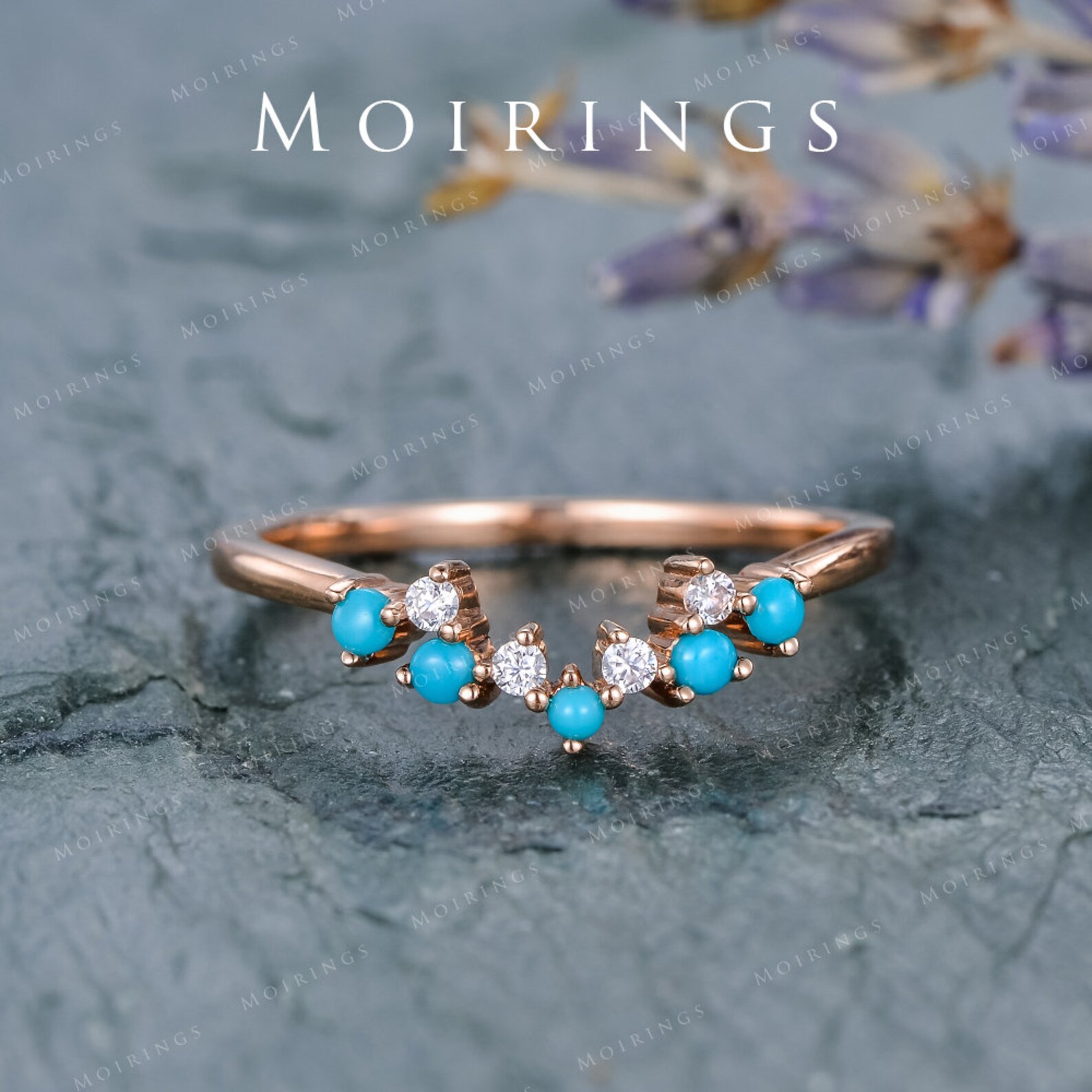 Cluster Diamond Turquoise Wedding Band Rose Gold Custom Dainty | Etsy