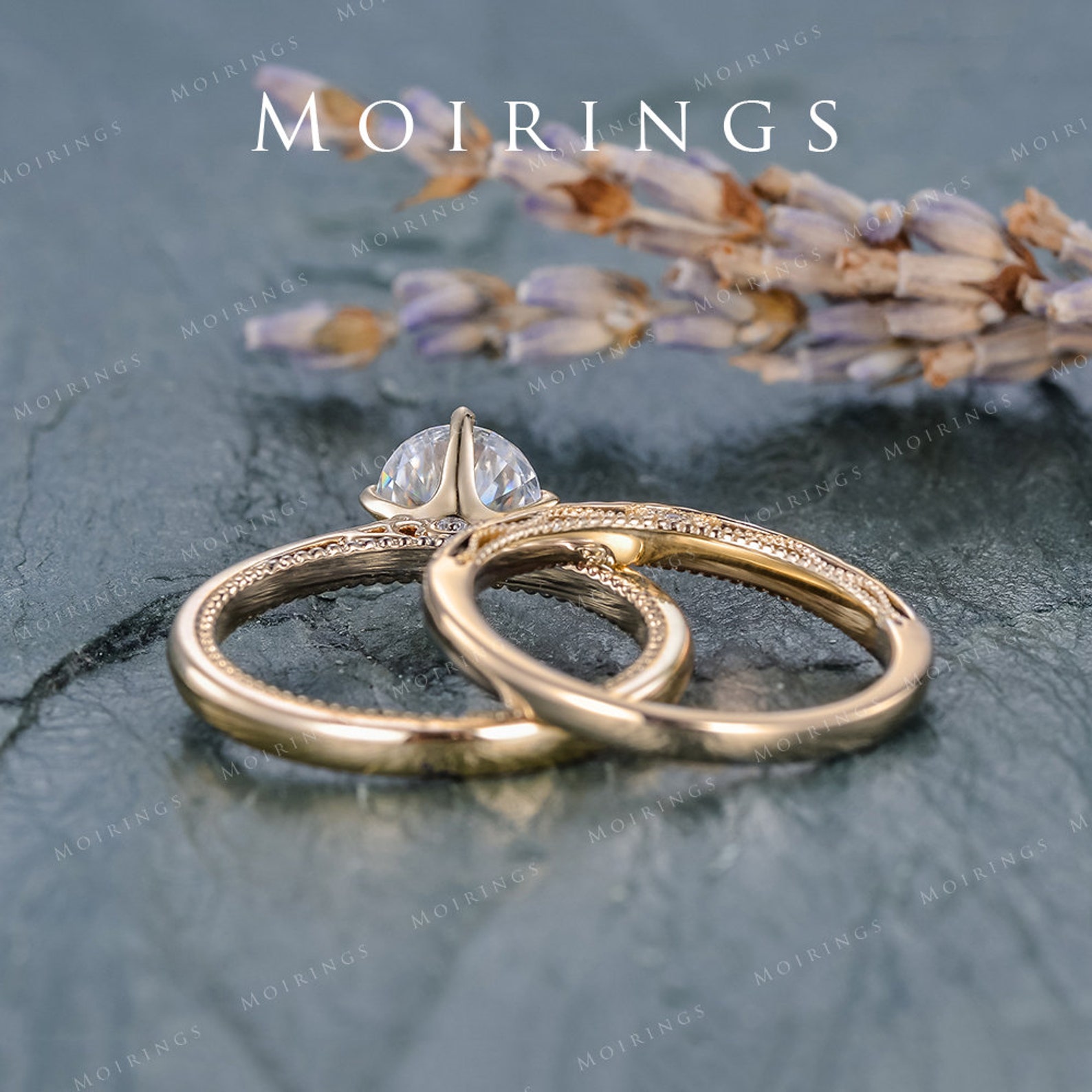 Peekaboo Moissanite Ring Set Yellow Gold 1CT Solitaire Ring Floral ...