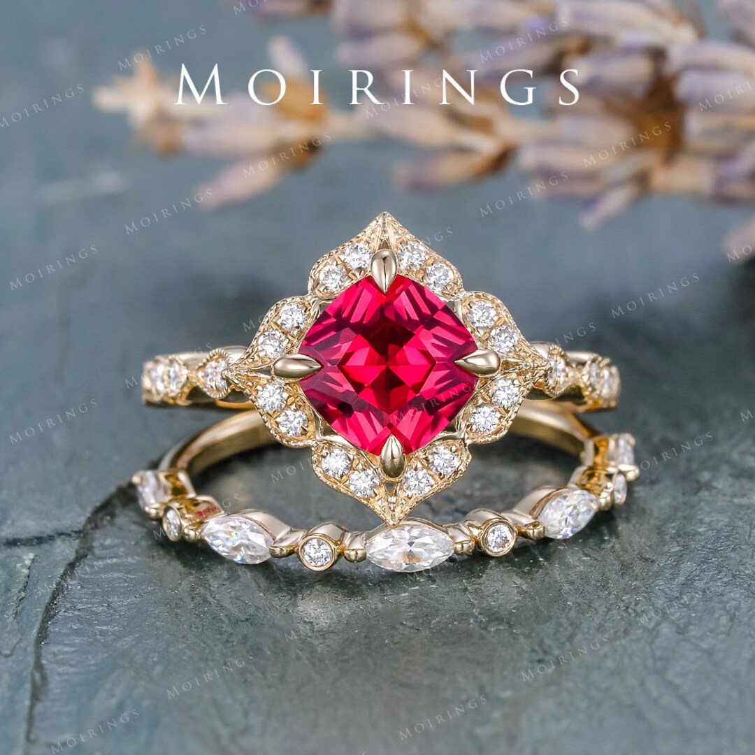 Lab Ruby Bridal Ring Set Yellow Gold Vintage Maruiqse & Spot Ring ...
