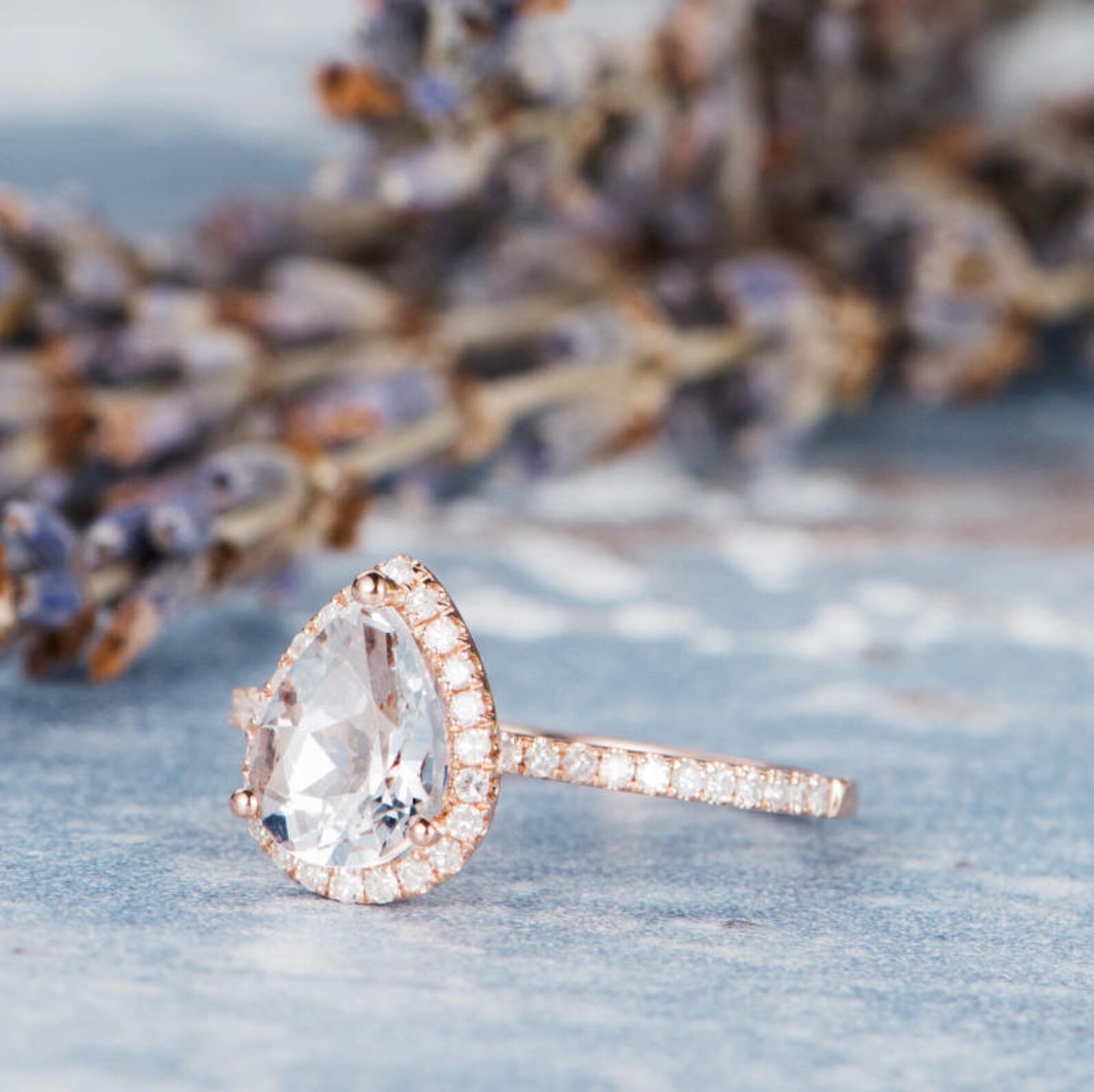 Pear Shaped Engagement Ring Rose Gold White Topaz Bridal Set | Etsy