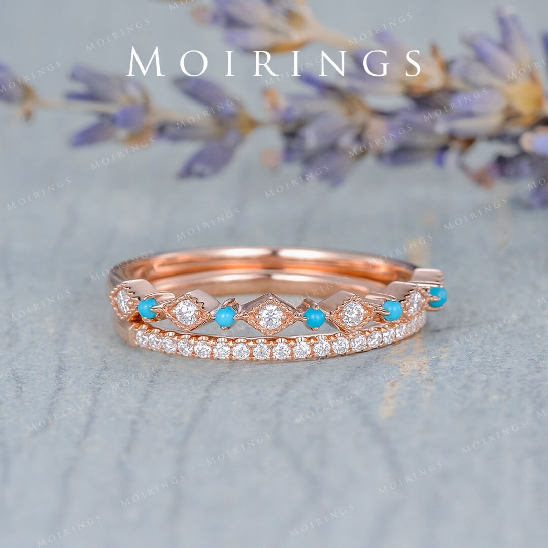 Turquoise Diamond Wedding Band Set Vintage Women Rose Gold Ring ...