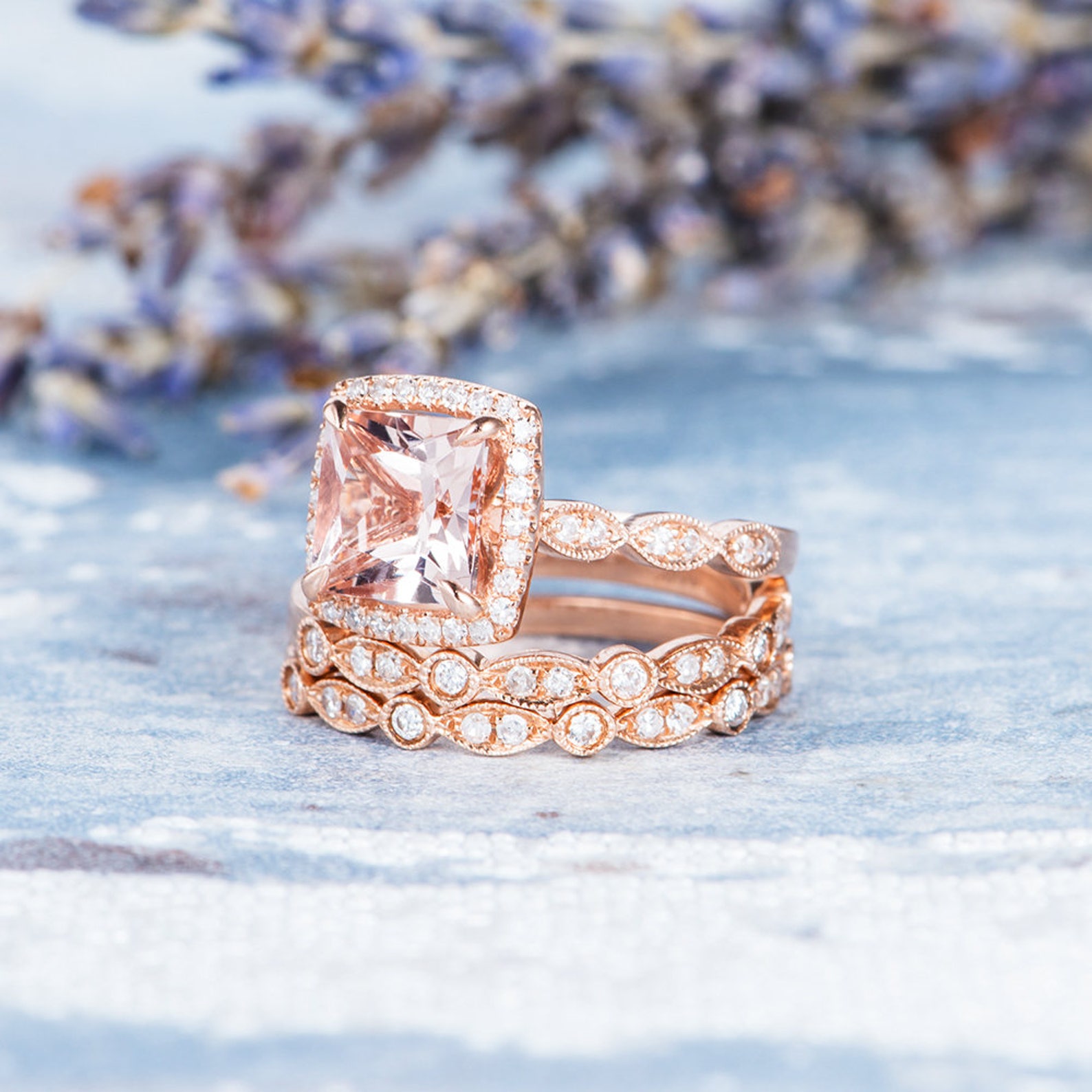 Princess Cut Morganite Engagement Ring Art Deco Morganite Ring - Etsy