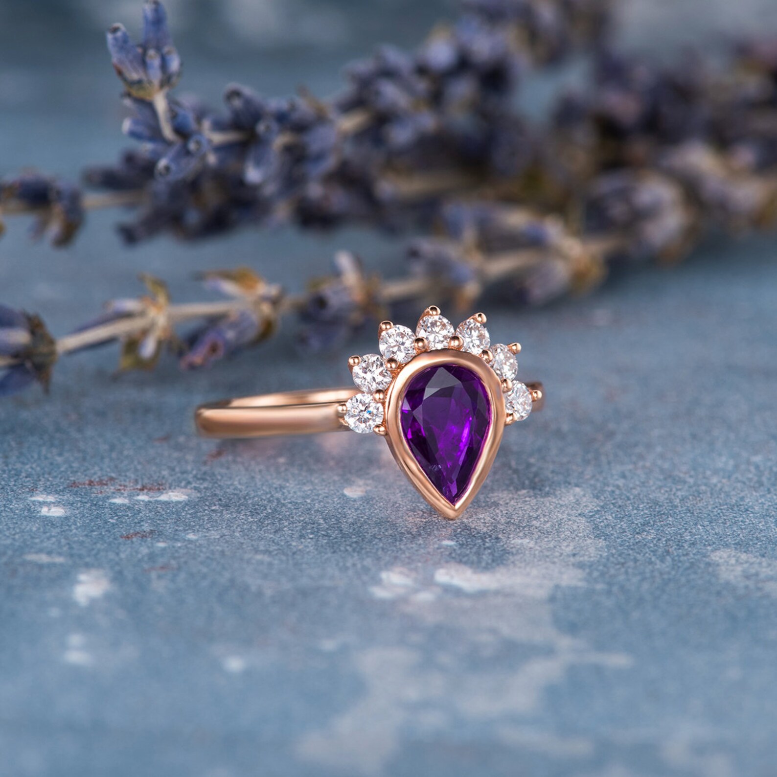 5x7mm Pear Shaped Amethyst Engagement Ring Rose Gold Wedding | Etsy