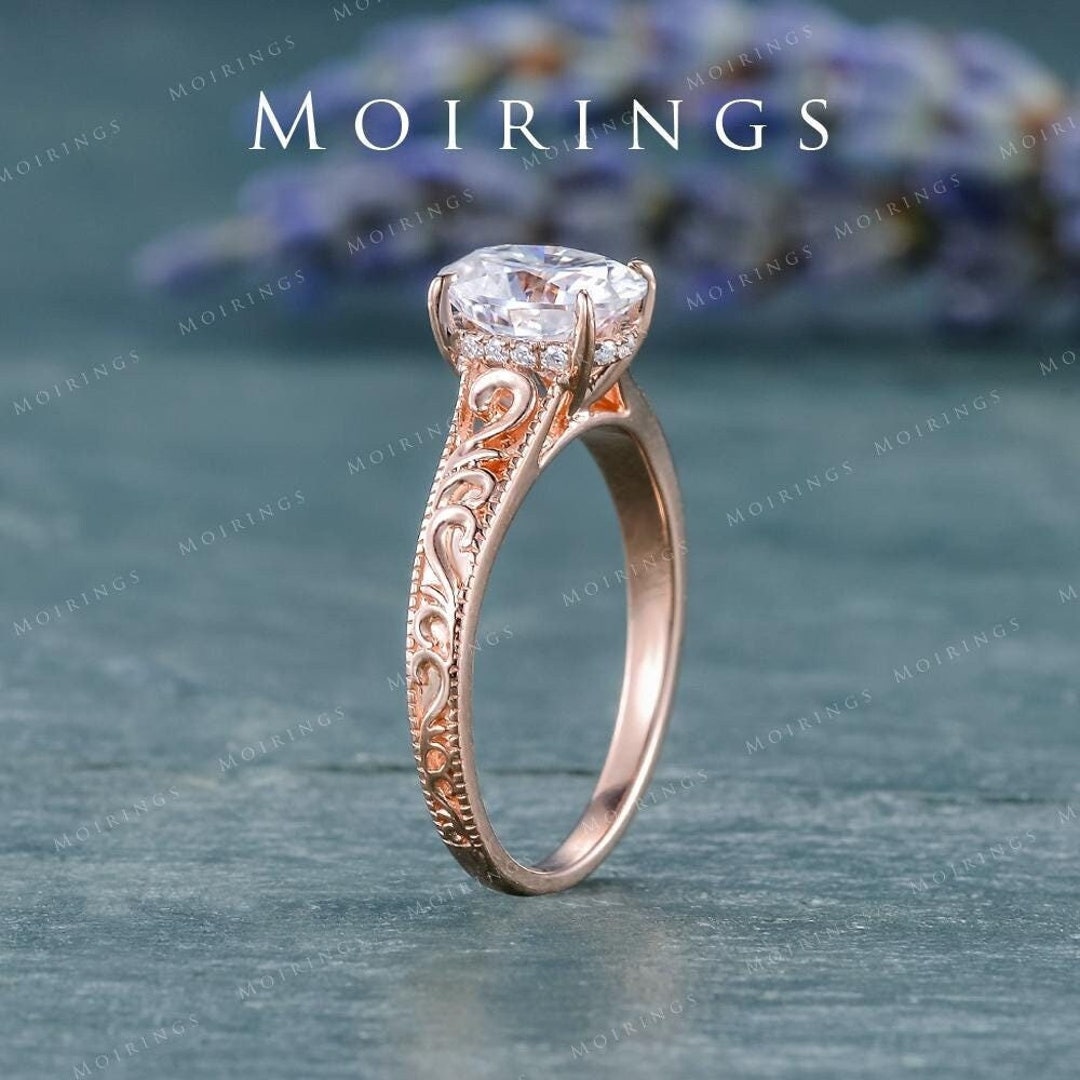 Vintage Oval Moissanite Engagement Ring Solid Rose Gold Filigree ...