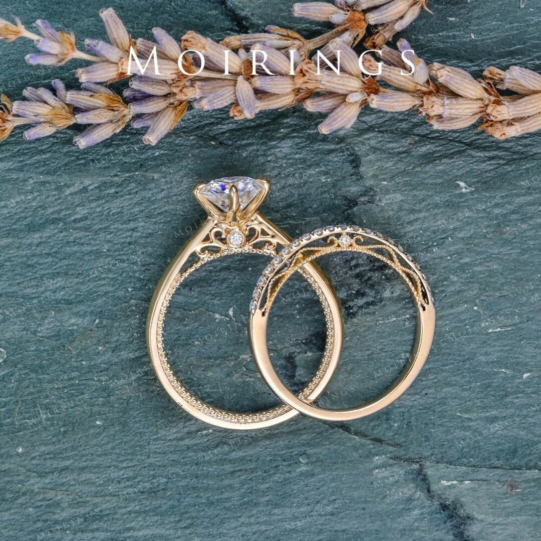 Peekaboo Moissanite Ring Set Yellow Gold 1CT Solitaire Ring Floral ...