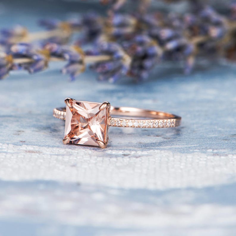 Princess Cut Morganite Ring Rose Gold Engagement Ring Unique | Etsy