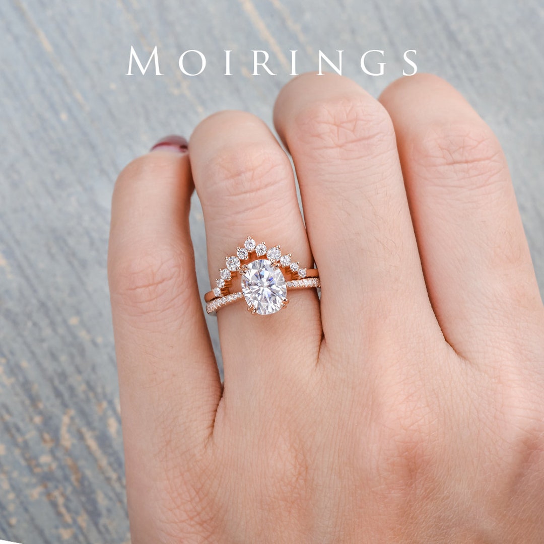 Oval Moissanite Engagement Ring Set Rose Gold Wedding Ring Double Claw ...