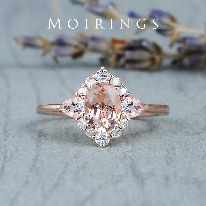 Oval Morganite Ring Rose Gold Morganite Cluster Unique - Etsy