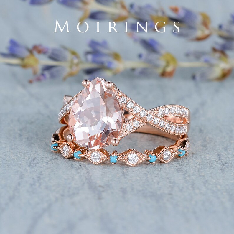 Peachy Morganite Engagement Ring Set Rose Gold Unqiue Diamond | Etsy