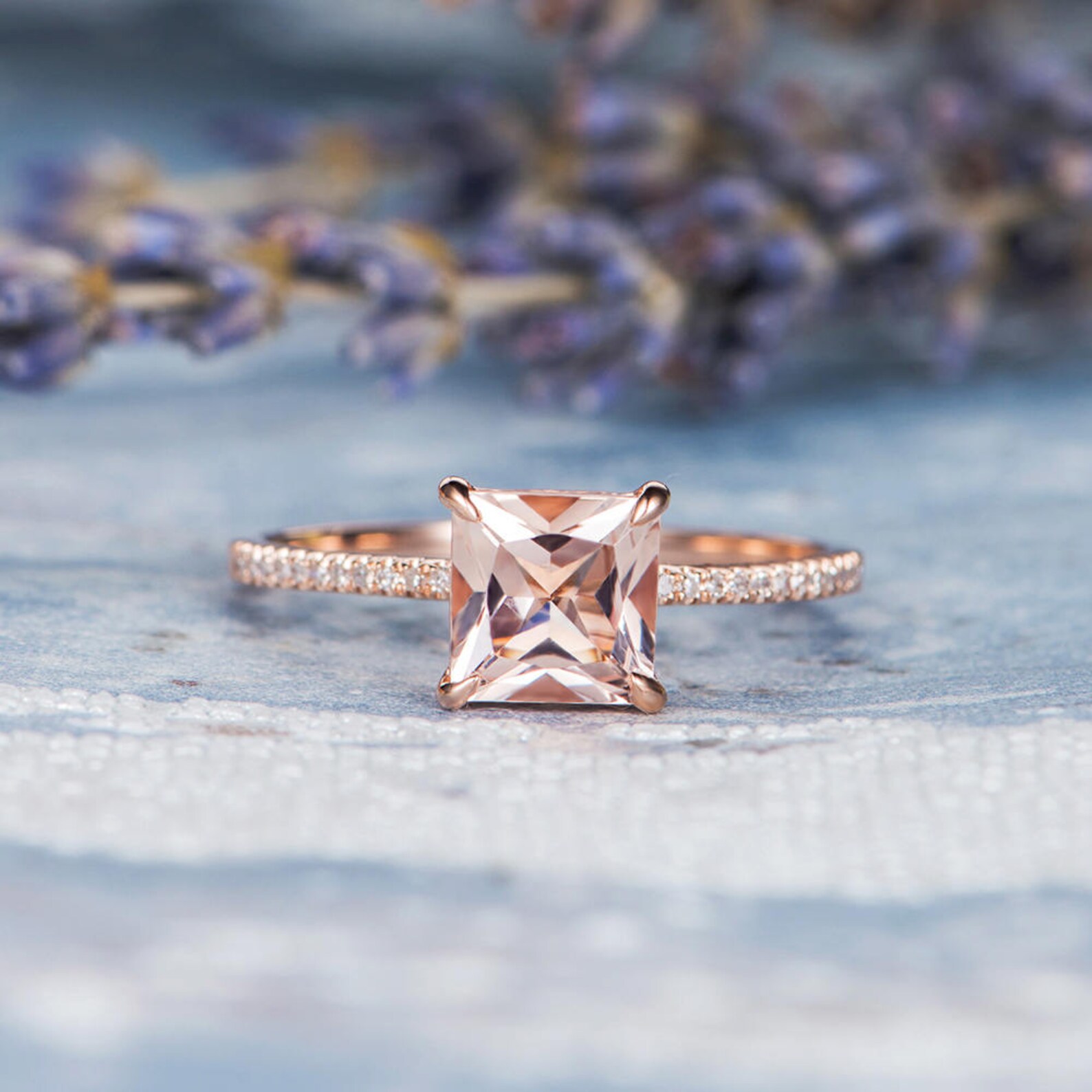Princess Cut Morganite Ring Rose Gold Engagement Ring Unique | Etsy