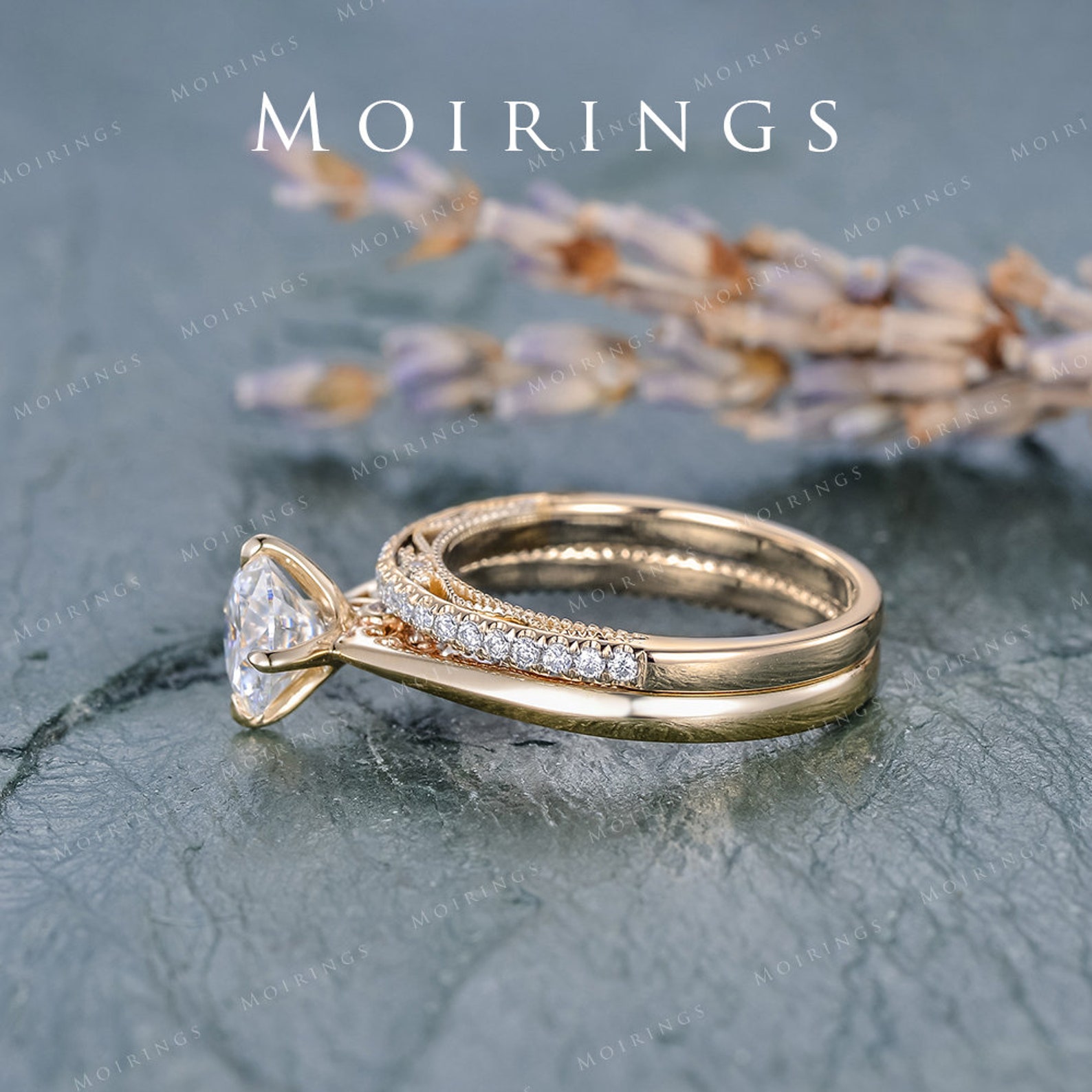 Peekaboo Moissanite Ring Set Yellow Gold 1CT Solitaire Ring Floral ...
