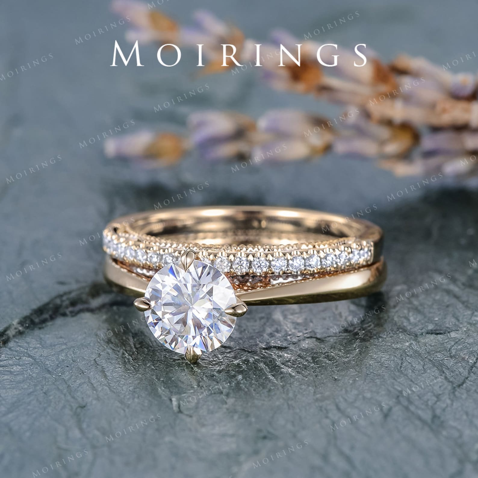 Peekaboo Moissanite Ring Set Yellow Gold 1CT Solitaire Ring Floral ...