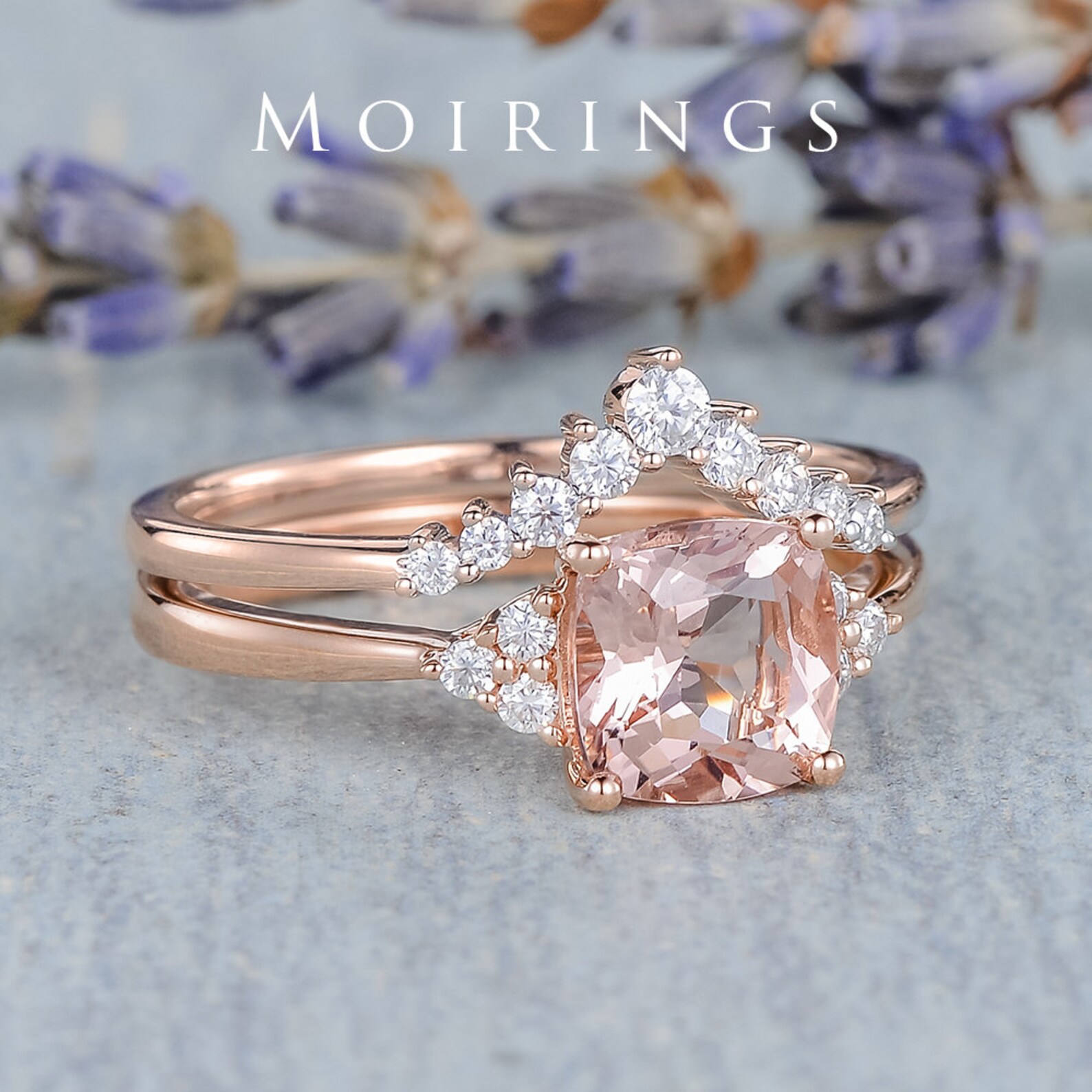 Cluster Morganite Ring Set Rose Gold Engagement Ring Plain | Etsy