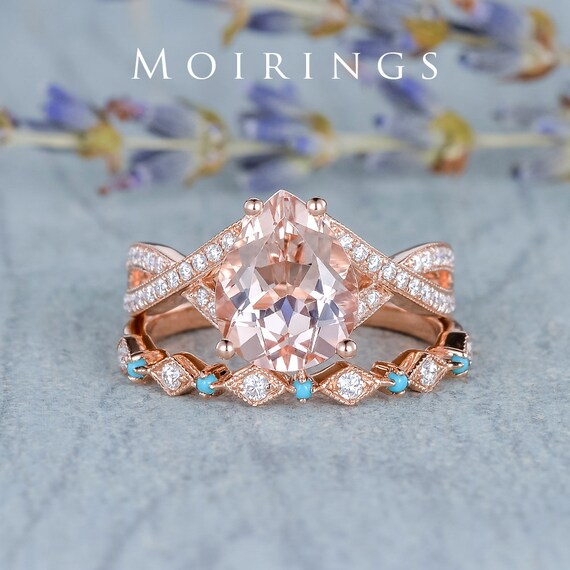 Peachy Morganite Engagement Ring Set Rose Gold Unqiue Diamond | Etsy