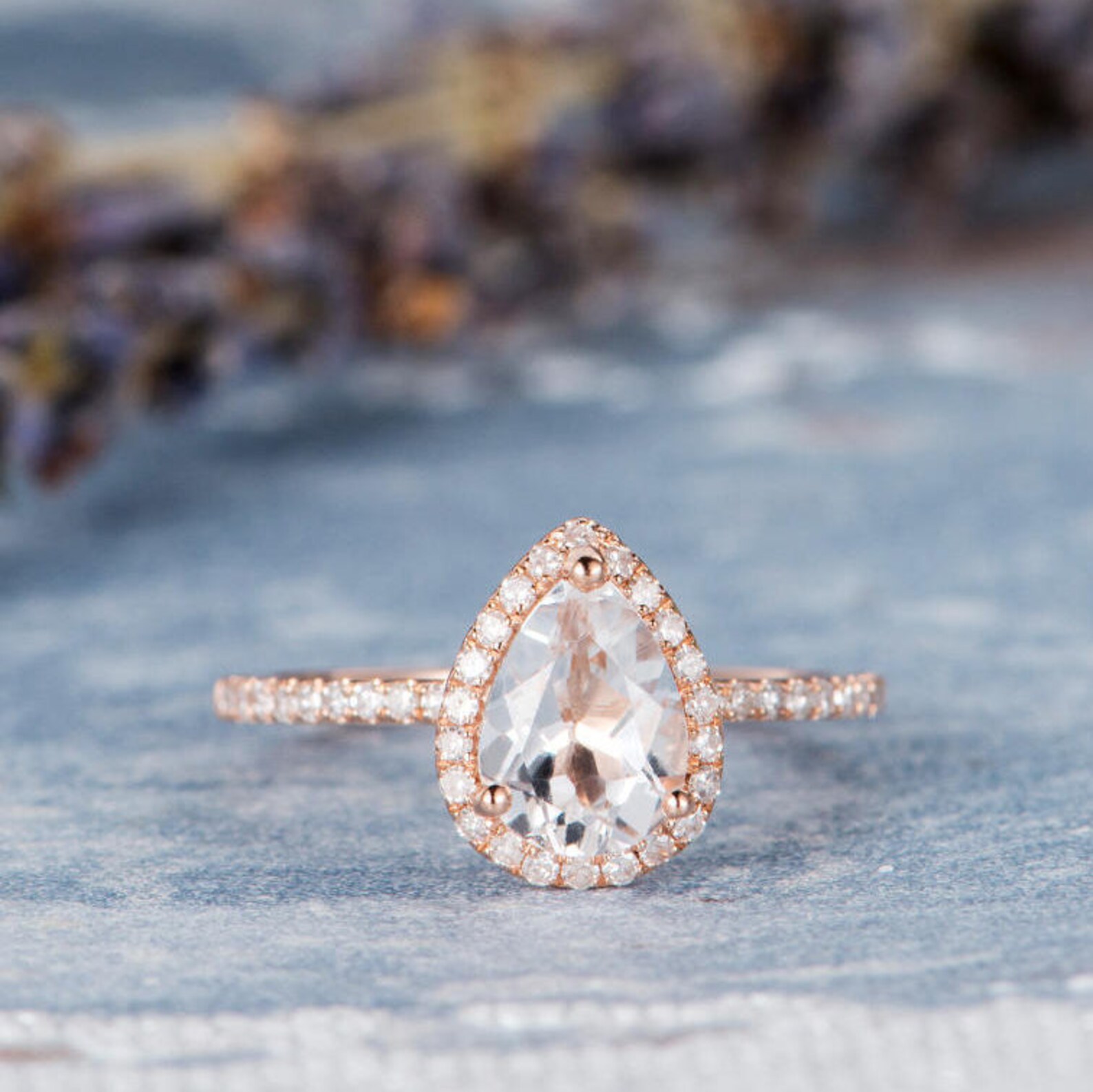 Pear Shaped Engagement Ring Rose Gold White Topaz Bridal Set | Etsy