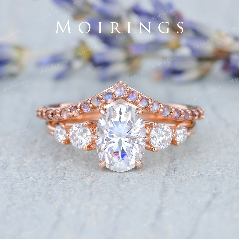 Vintage Moissanite Engagement Ring Set Rose Gold 5 Stones | Etsy