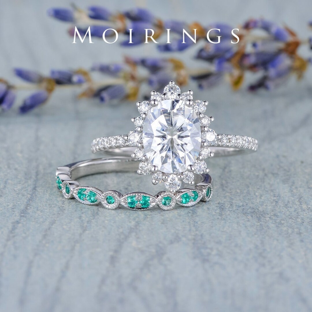 Floral Moissanite Ring Set White Gold Moissanite Engagement - Etsy
