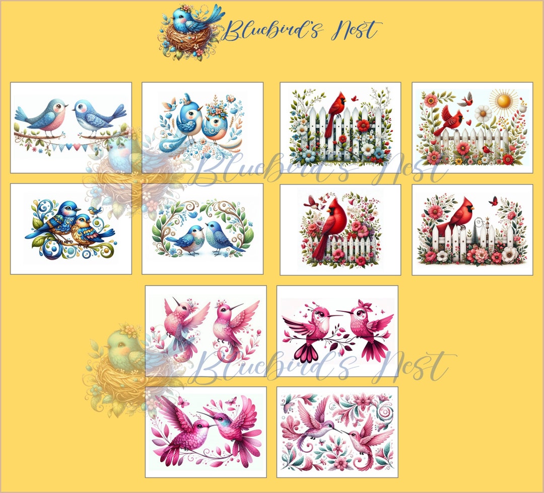 Whimsical Birds - Set of 12 Notecards (choose From Bluebirds, Cardinals ...