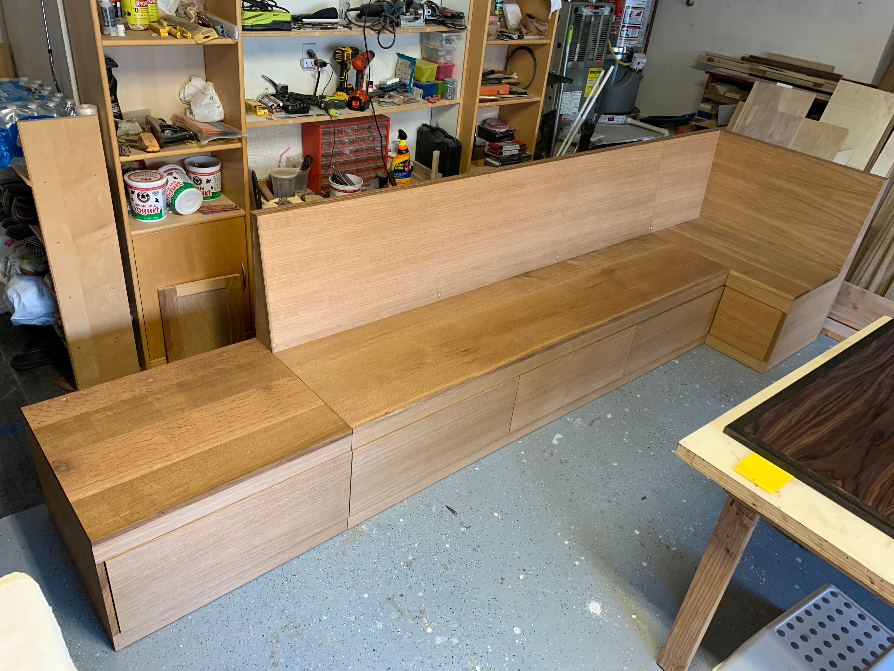 L Shaped Banquette, Bench With Push to Open Drawers and Slanted Back ...