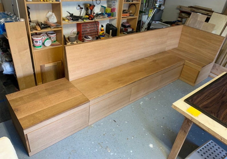 L Shaped Banquette, Bench With Push to Open Drawers and Slanted Back ...