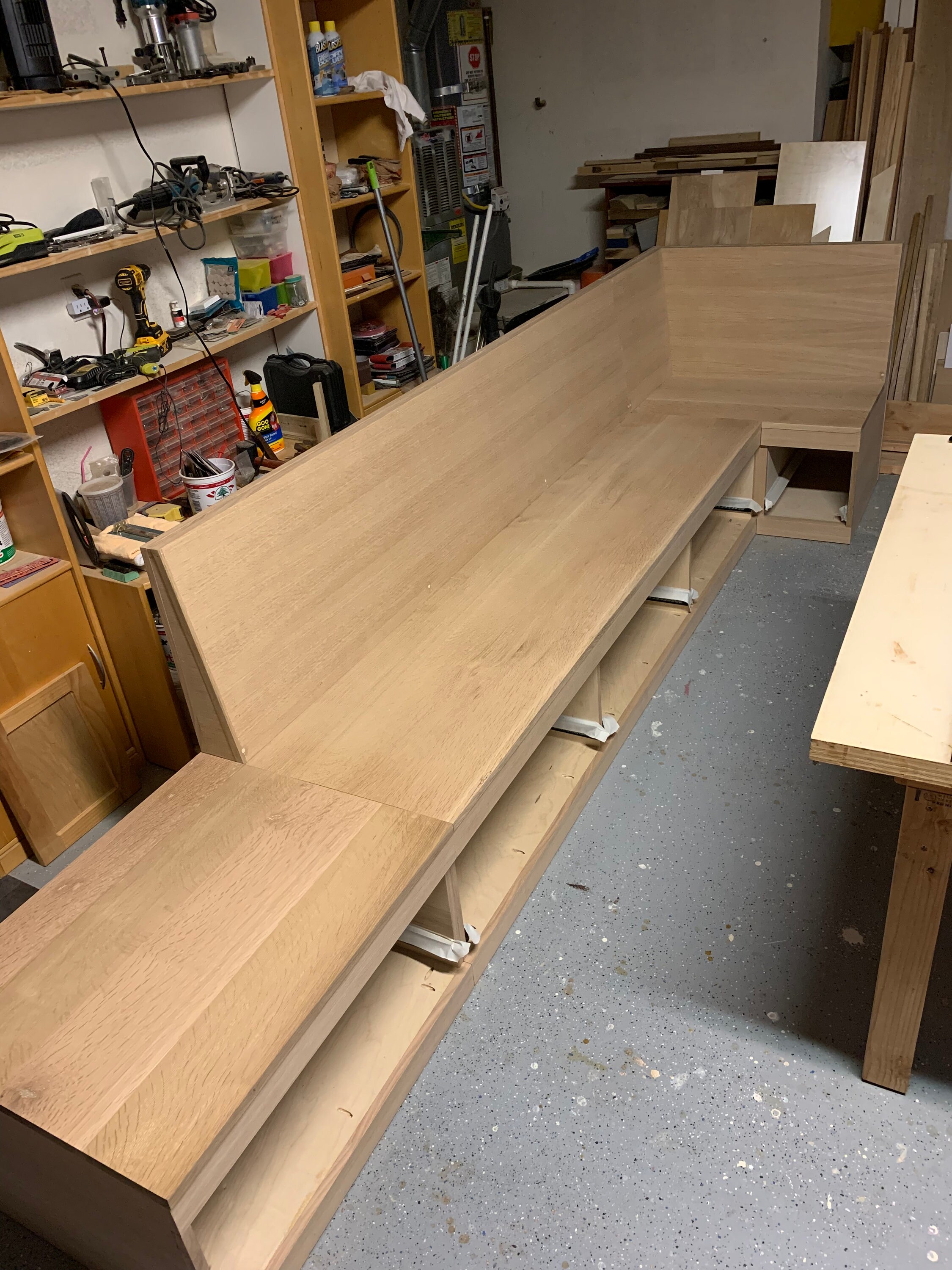 L Shaped Banquette, Bench With Push to Open Drawers and Slanted Back ...