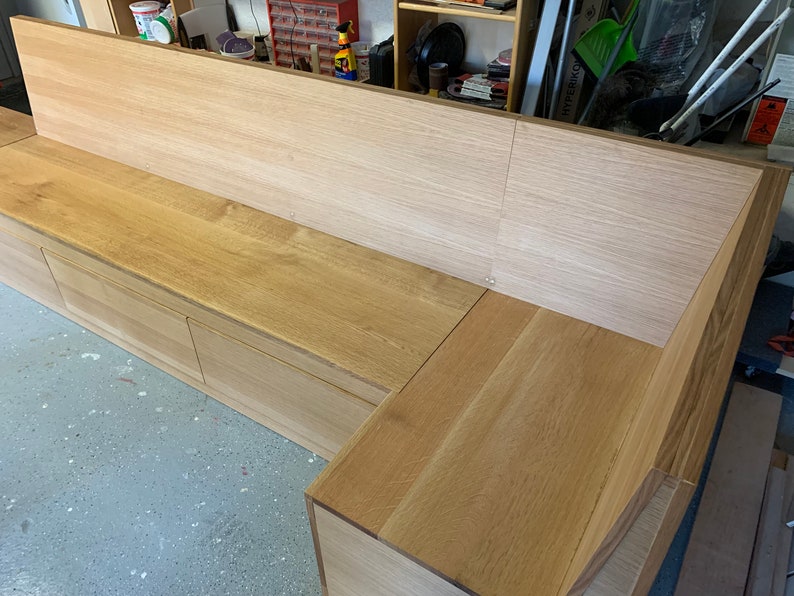 L Shaped Banquette, Bench With Push to Open Drawers and Slanted Back ...