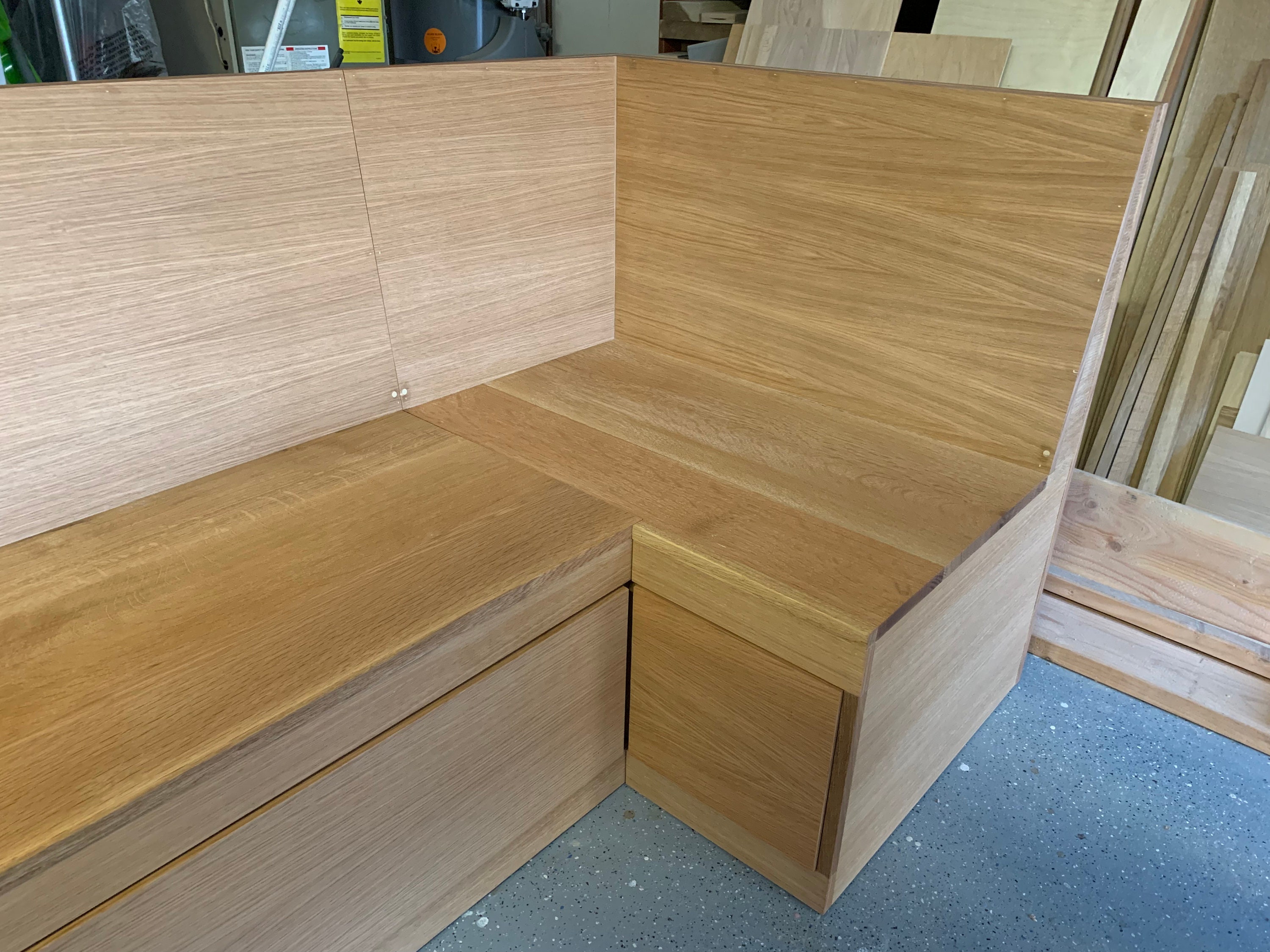 L Shaped Banquette, Bench With Push to Open Drawers and Slanted Back ...