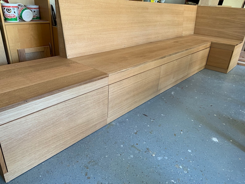 L Shaped Banquette, Bench With Push to Open Drawers and Slanted Back ...