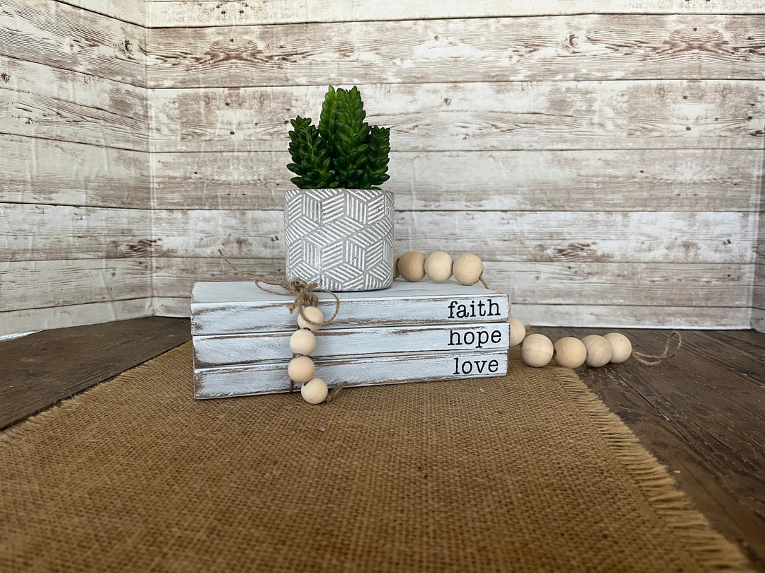 Farmhouse Décor, Wood Book Stack, Faith Hope Love, Book Bundle, Rustic ...