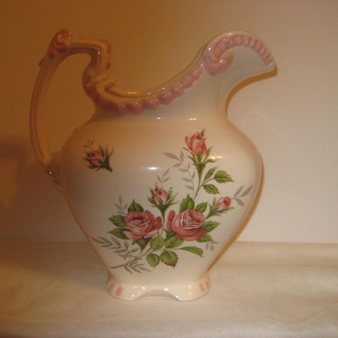 Gorgeous Vintage Pink Roses Pitcher on White Background, 9 1/2 Inches ...