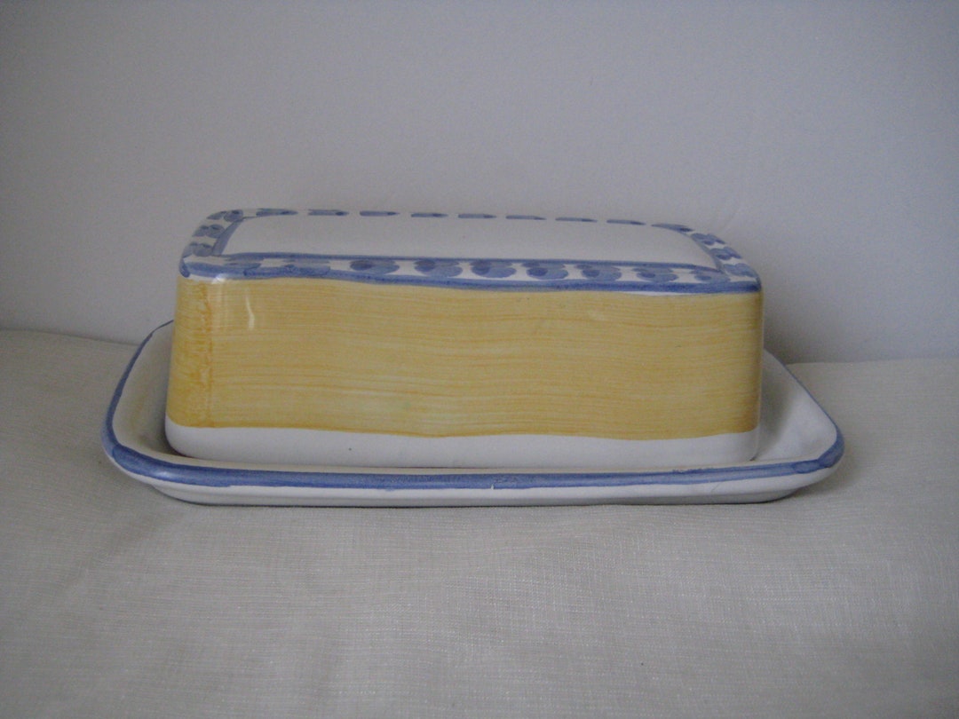Vintage Ceramic Butter Dish, Yellow, Blue & White, Holds One Stick ...