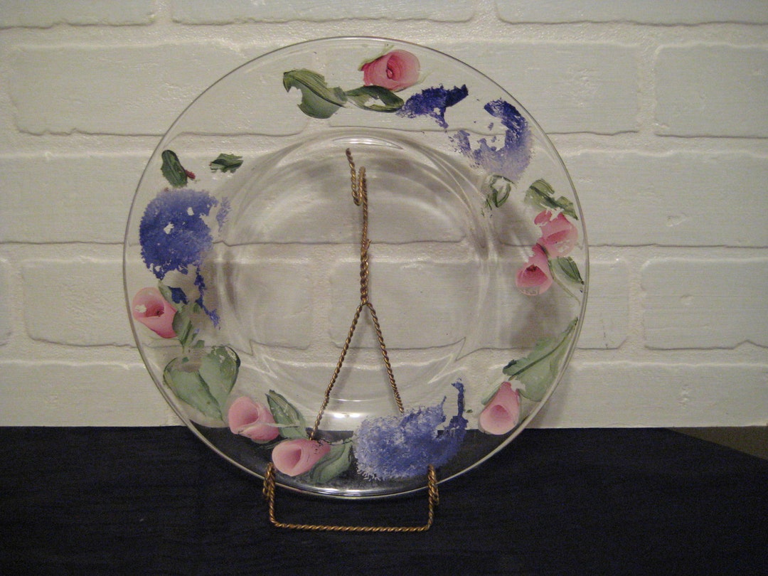 Hand Painted Clear Glass Plate, 9 1/4 X 9 1/2 Inches, Pink, Purple ...