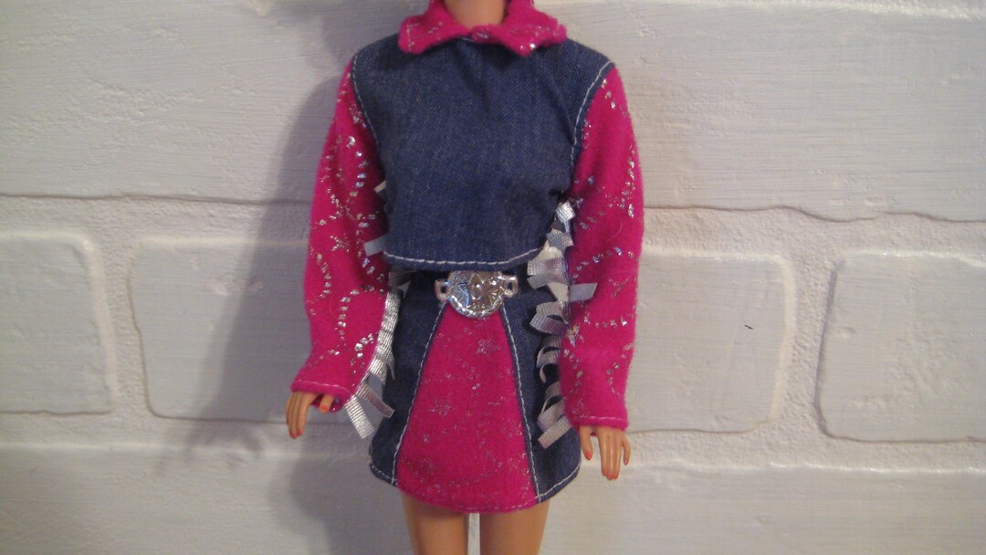 1996 Barbie Cowboy Denim Jacket & Pink Fringed Skirt, Western Style ...