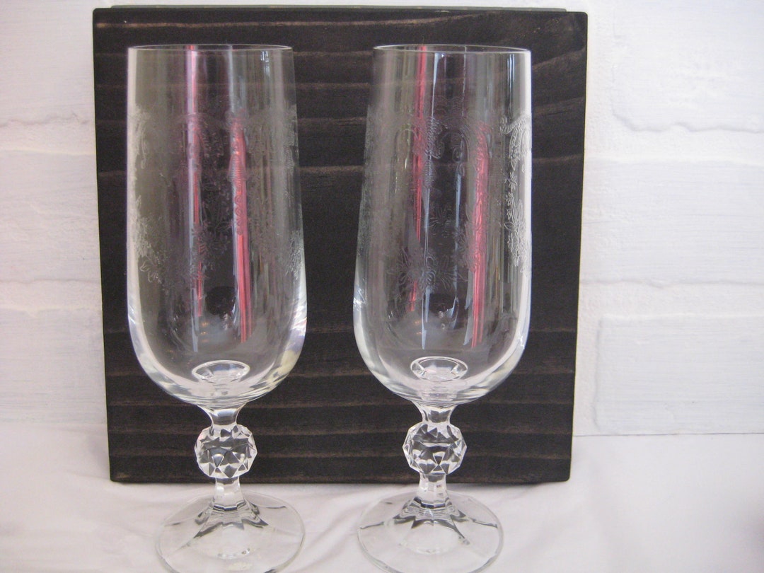 Set of 2 Bohemian Crystal Cascade Wine Flutes, Vintage Etched Stemware ...