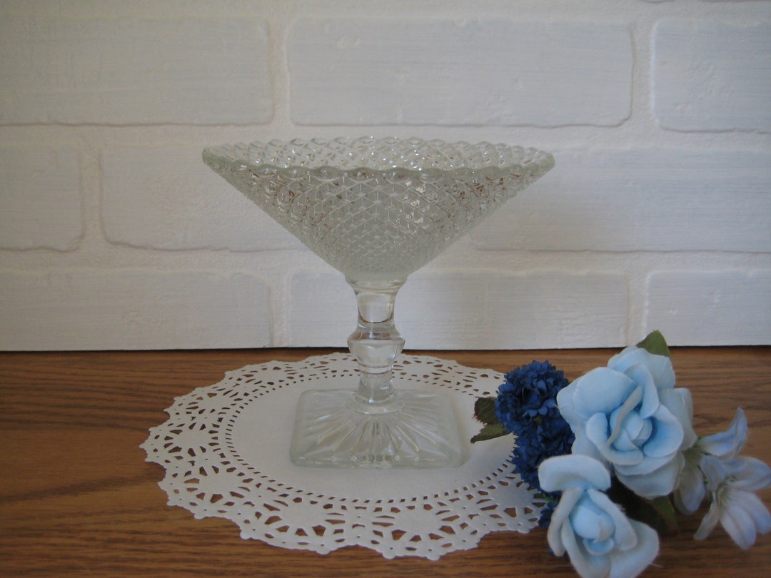 Vintage Diamond Pointe Crystal Compote Bowl: Beaded Rim, Square Base - Etsy