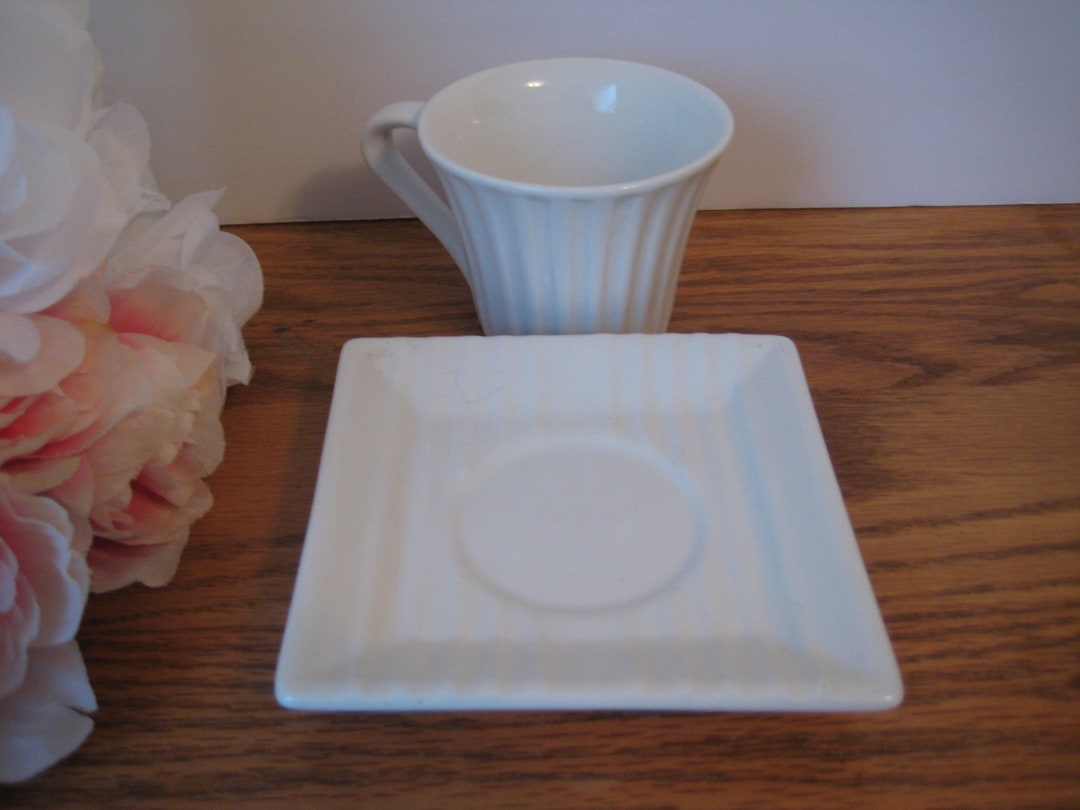 Vintage Ribbed White Teacup & Square Saucer - Etsy