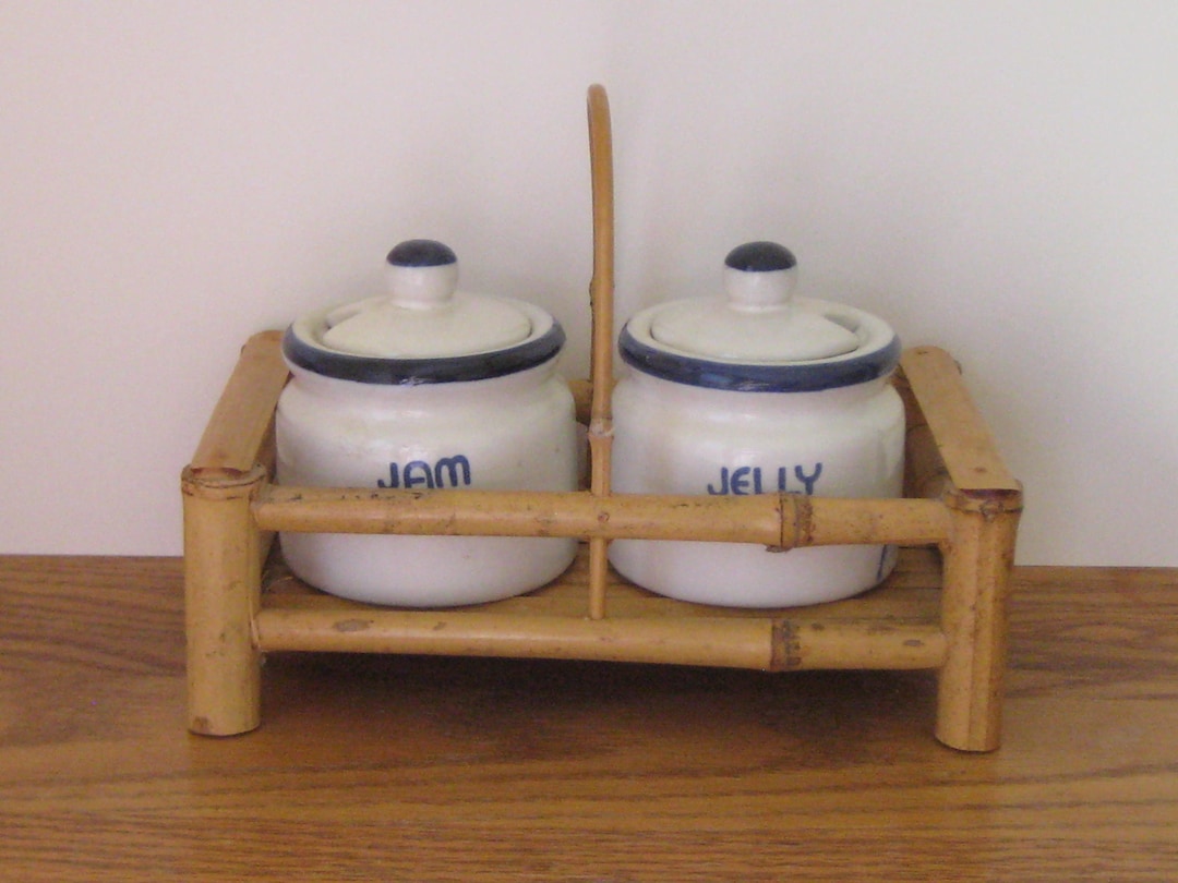 Vintage White & Blue Ceramic Jam and Jelly Pots in Wood Caddy, Very ...