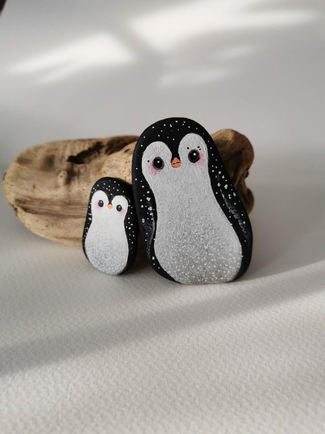 Hand-painted Penguins Barn Owl With Acrylic Paints, Penguin Mom & Baby ...