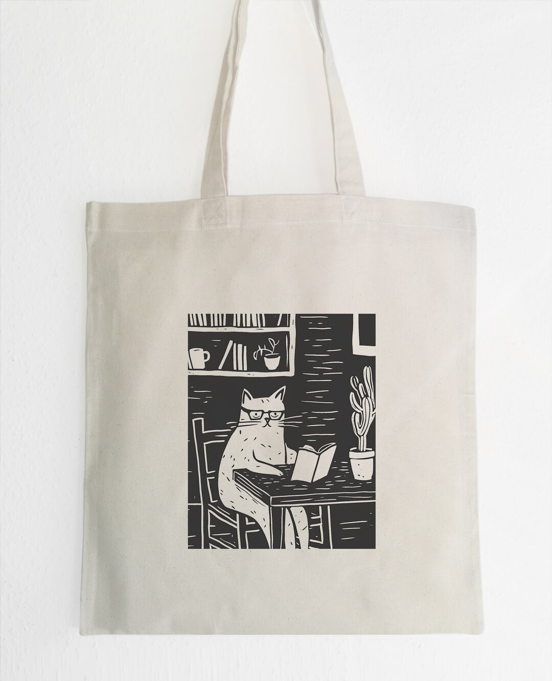 Cat Reading Books Jute Bag, Jute Bag Cotton, Tote Bag Black Cat, Cat ...