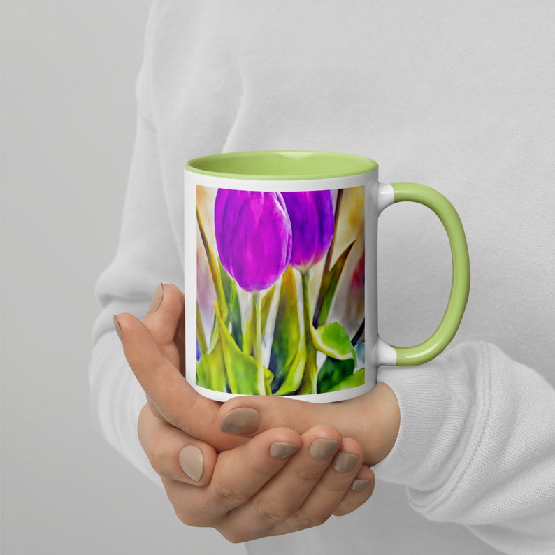 Purple Tulip Mug Tulip Flower Coffee Cup Watercolor Tulip Mug Green ...