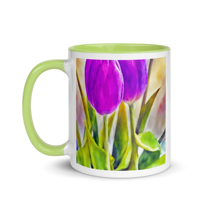 Purple Tulip Mug Tulip Flower Coffee Cup Watercolor Tulip Mug Green ...