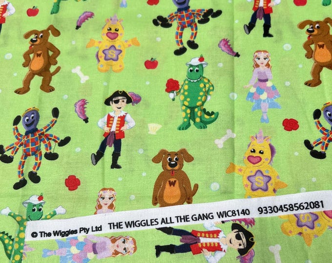 One Piece Cotton Fabric, Wiggles Characters on Bright Green, "the ...