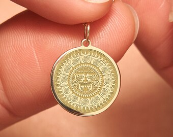 Real 14K Yellow Gold Aztec Mayan Sun Calendar Coin Charm Pendant - Etsy