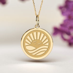 14k Solid Gold Sunset Necklace • Personalized Sun Pendant • Dainty ...
