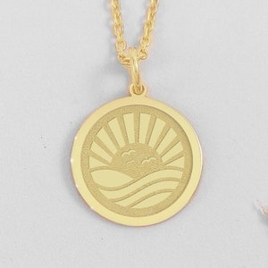 14k Solid Gold Sunset Necklace • Personalized Sun Pendant • Dainty ...