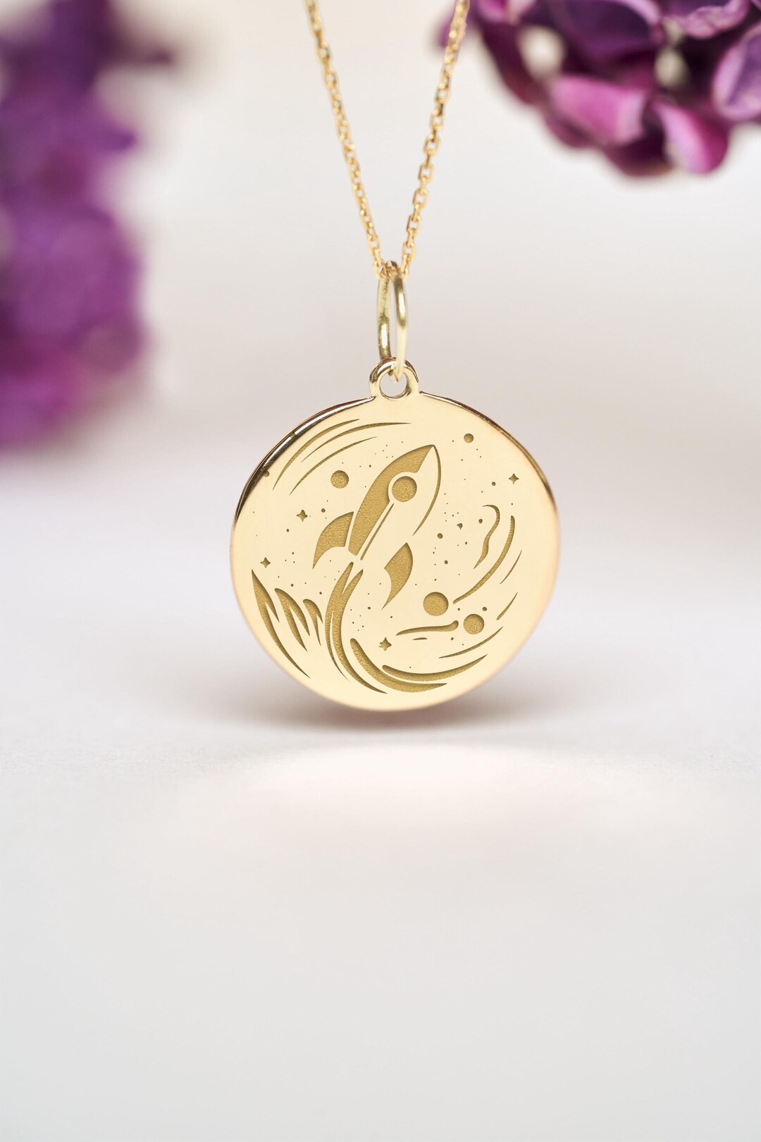 14k Solid Gold Space Rocket Pendant • Personalized Astronaut Necklace ...