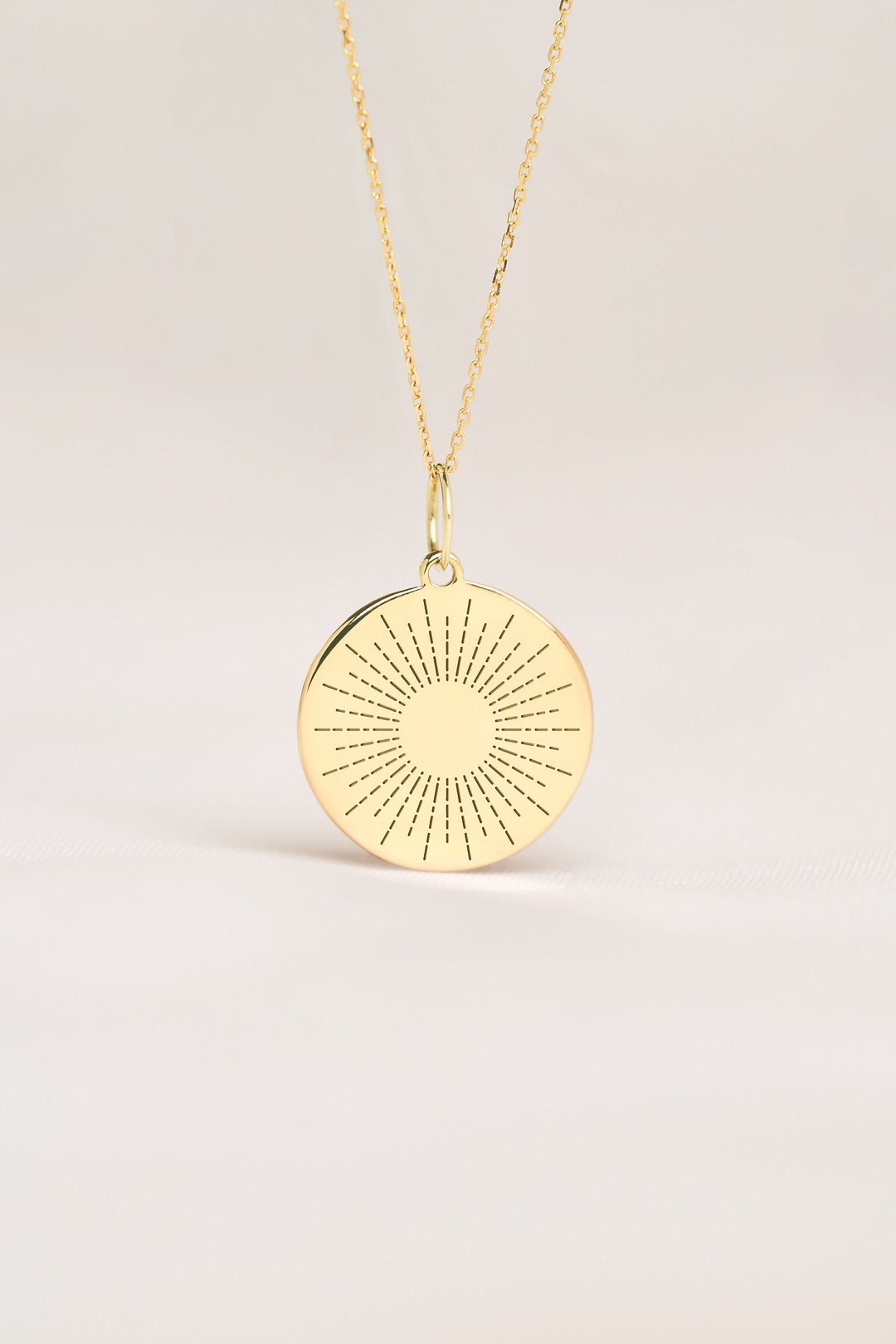 14k Solid Gold Sunbeam Necklace • Personalized Radiant Sun Disc Pendant ...
