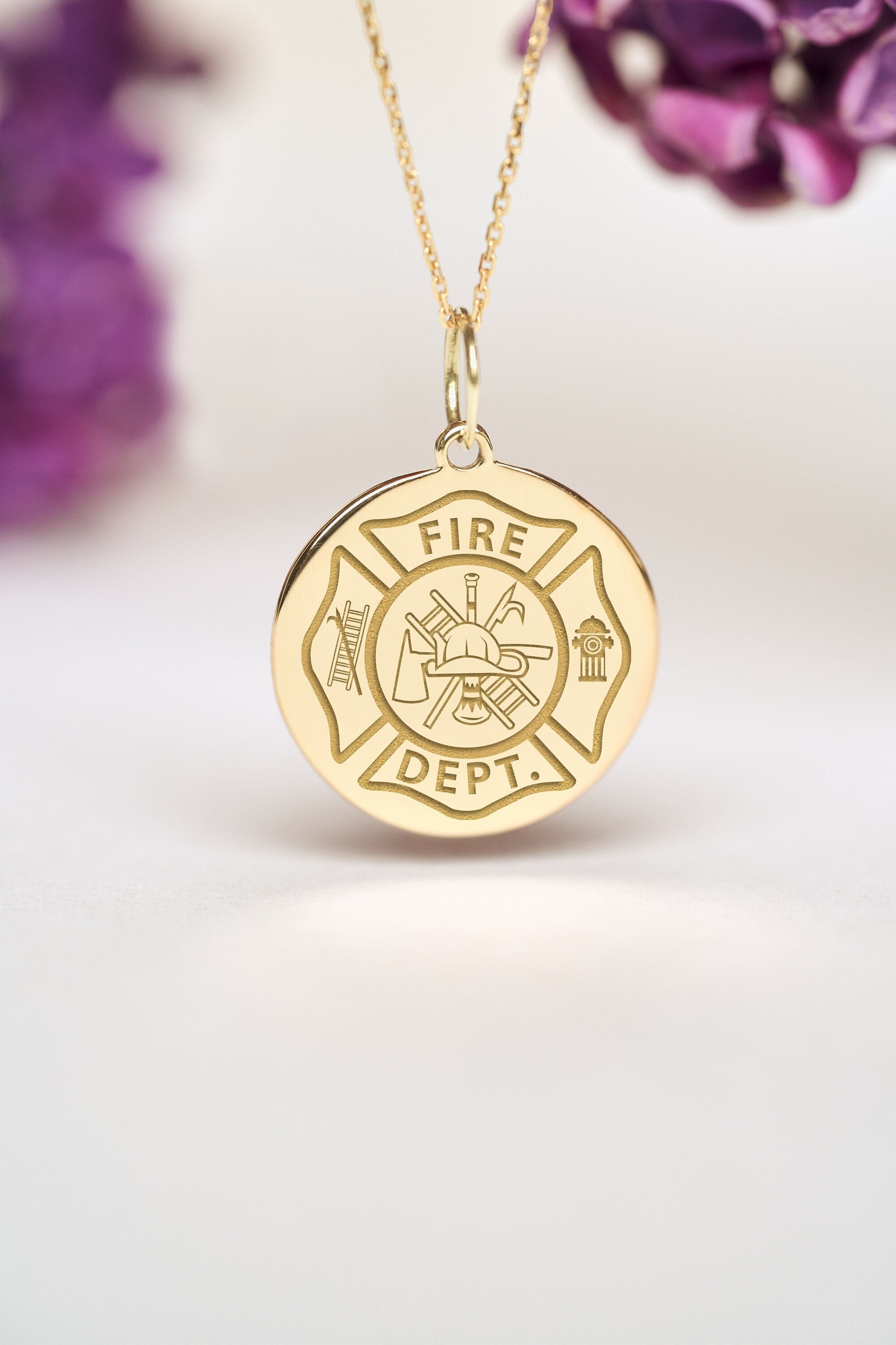 14k Solid Gold Fire Dept Necklace • Personalized Firefighter Pendant ...